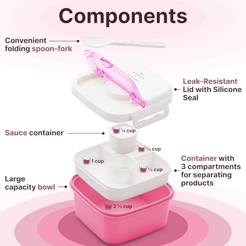 Earth&ME Bento Lunch Box For Adults Kids, 1100 Ml Bento Box Container With 2 Floors 3 Compartments, Leak-proof Sauce Container, Spork, Ideal Salad Container For Lunch For School, Office, Travel, Pink