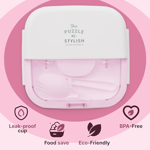 Earth&ME Bento Lunch Box For Adults Kids, 1100 Ml Bento Box Container With 2 Floors 3 Compartments, Leak-proof Sauce Container, Spork, Ideal Salad Container For Lunch For School, Office, Travel, Pink