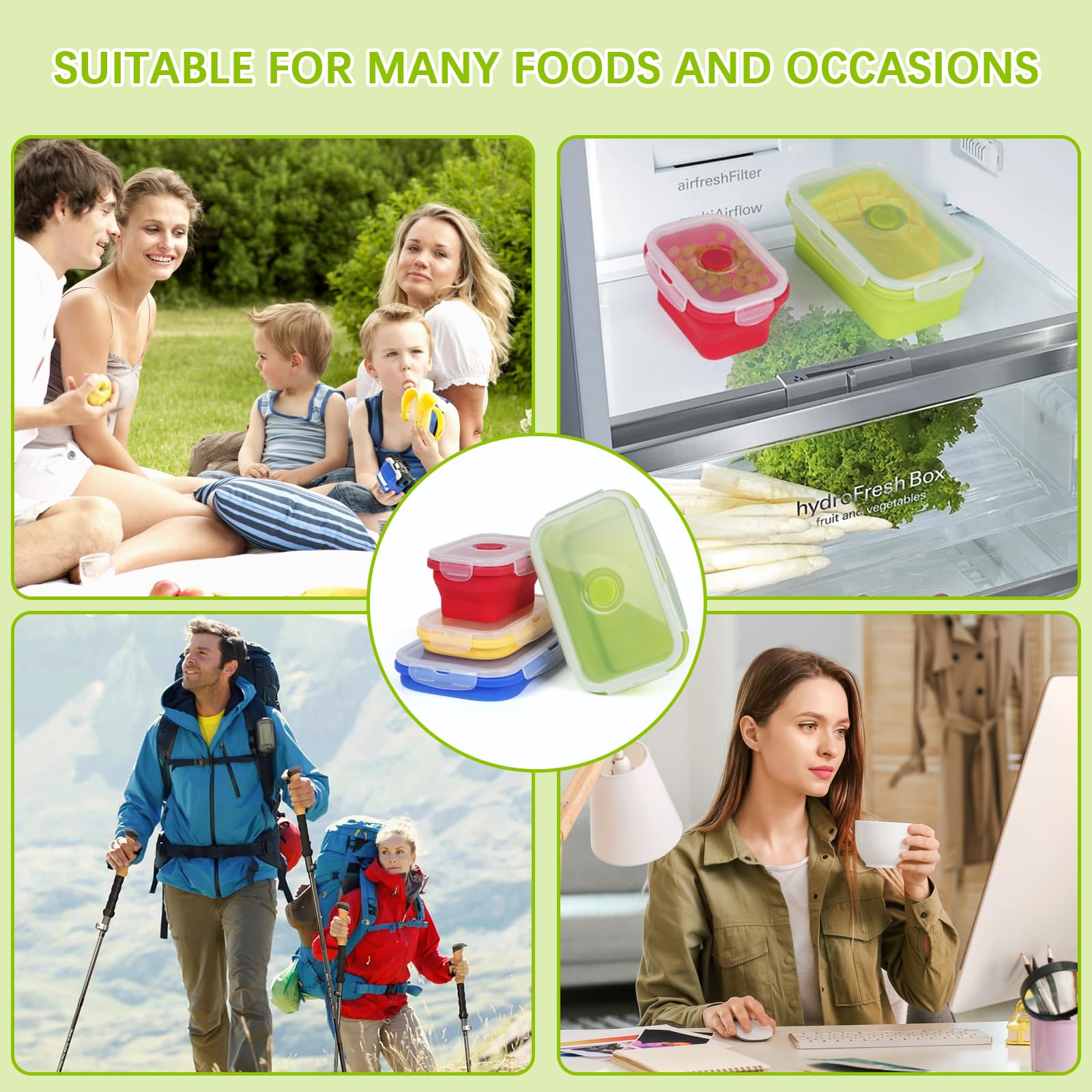 NATUREKIT 4 Collapsible Silicone Food Storage Containers,Kitchen Stackable Leftover Bento Lunch Meal Box with Plastic Airtight Lids, Leak-proof Camping Food Storage,Microwave Dishwasher Freezer Safe