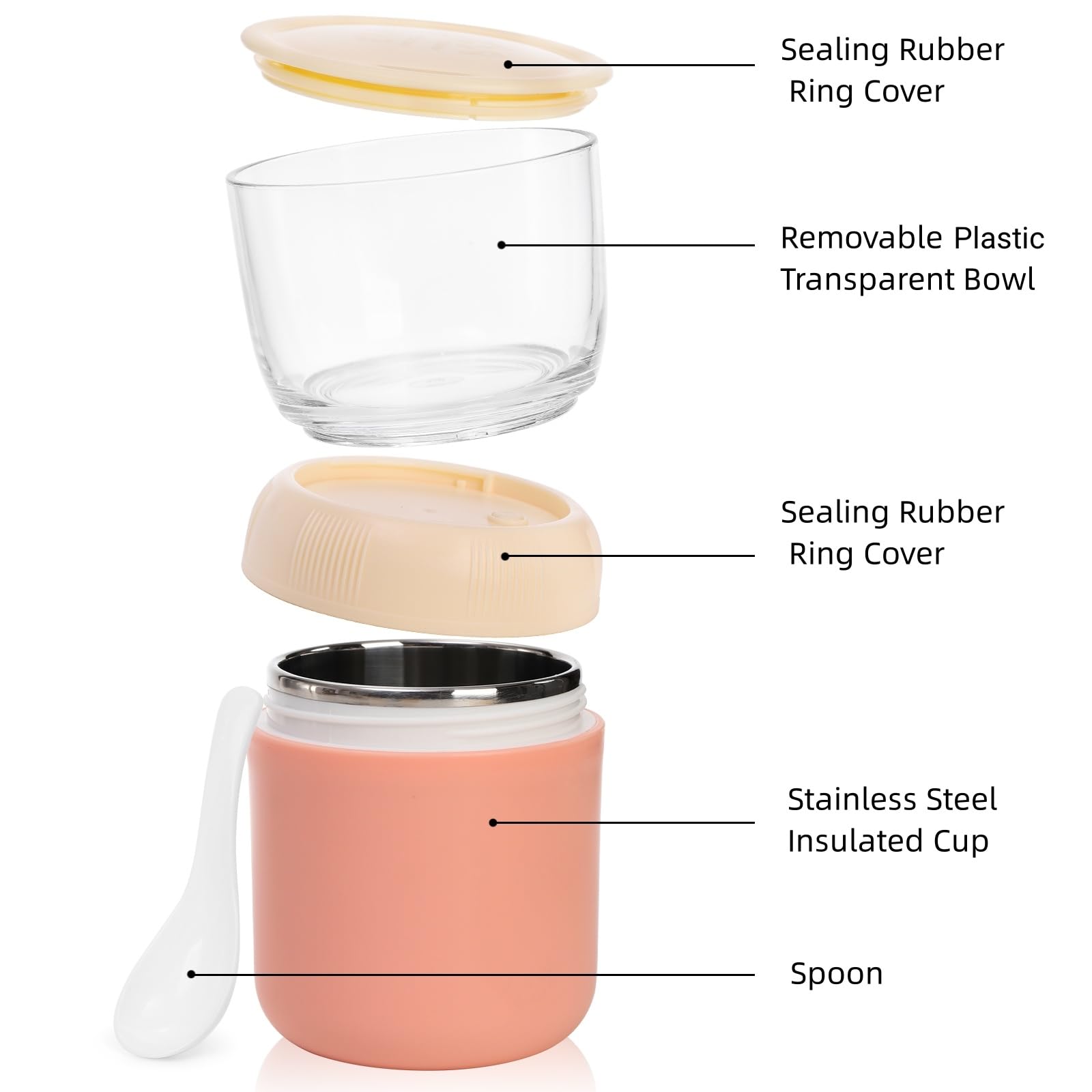 Eorbow 2 Pack Insulated Yogurt Container, 24oz Breakfast On the Go Cup with Plastic Topping Cereal Oatmeal Cup, 2-in-1 Food Storage Jar with Lid and Spoon, Overnight Oats Container for Soup Lunch