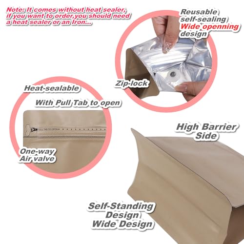 BAAGGNAA 150 Pack High Barrier Stand-Up Coffee Bean Bags with Vented Valve Matte Metallic Ziplock Heat-Sealable & Resealable Solid Color Pouches (Square,5.3 * 5.5 inch,1/4 lb,Light Brown)