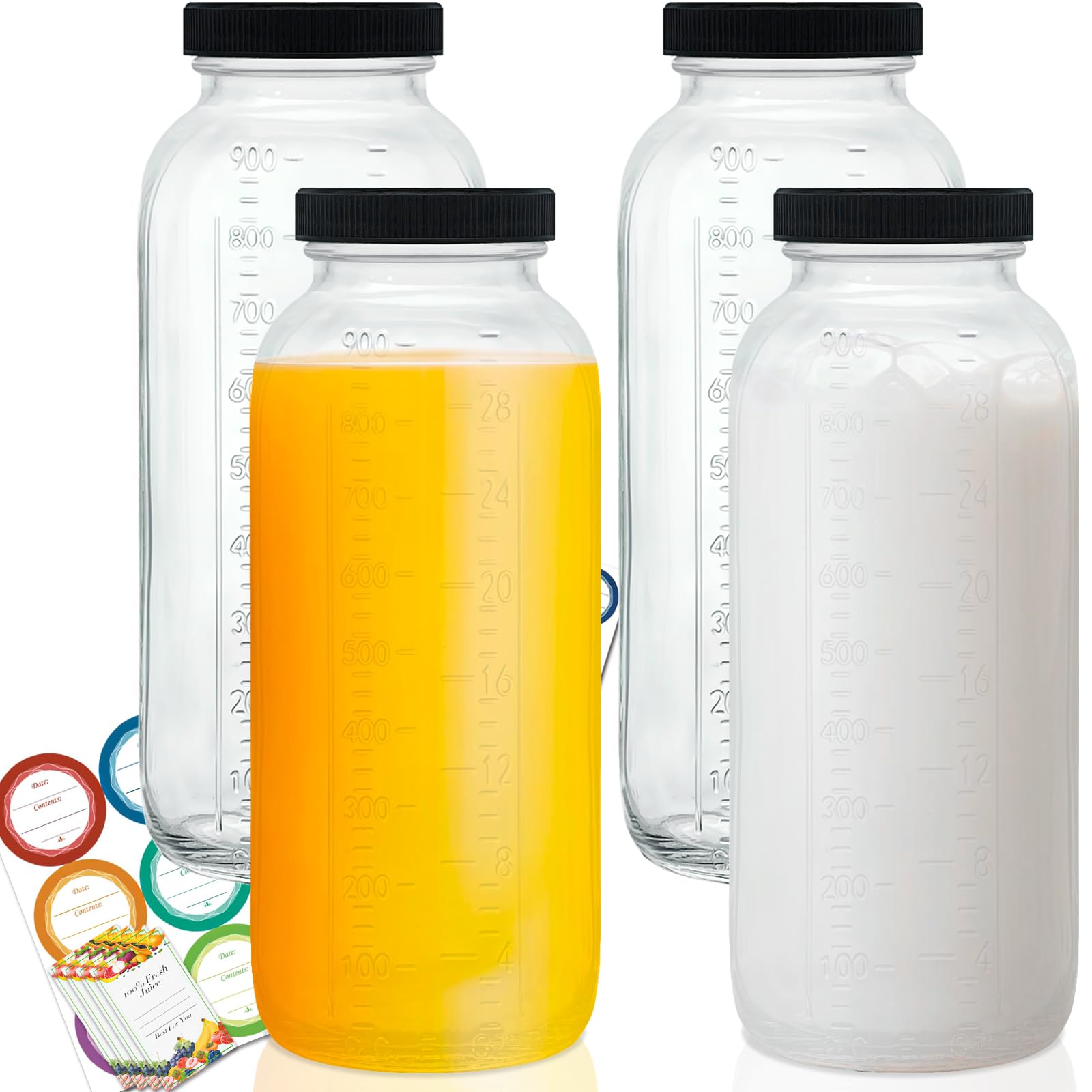AiHeart 4pcs Glass Milk Bottles (32oz), Reusable & Dishwasher Safe, Perfect for Milk, Yogurt & More