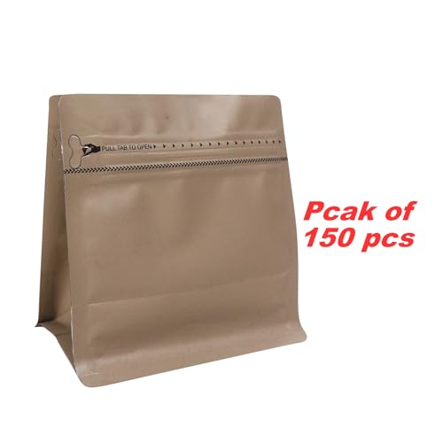 BAAGGNAA 150 Pack High Barrier Stand-Up Coffee Bean Bags with Vented Valve Matte Metallic Ziplock Heat-Sealable & Resealable Solid Color Pouches (Square,5.3 * 5.5 inch,1/4 lb,Light Brown)