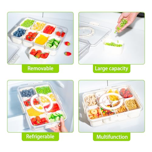 2 Pack Veggie Tray with Lid and Handle, Divided Fruit Tray, Portable Snackle Box, Fridge Organizer for Snack, Candy, Nuts, Cookies, Fruit, Clear Vegetable Tray for Party, Picnic, Travel, Wedding.