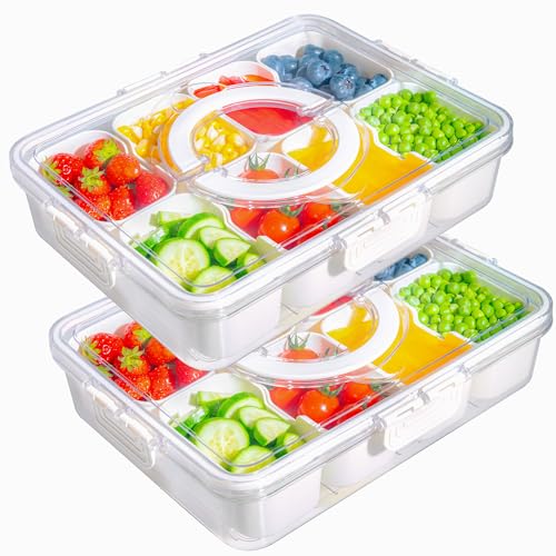 2 Pack Veggie Tray with Lid and Handle, Divided Fruit Tray, Portable Snackle Box, Fridge Organizer for Snack, Candy, Nuts, Cookies, Fruit, Clear Vegetable Tray for Party, Picnic, Travel, Wedding.