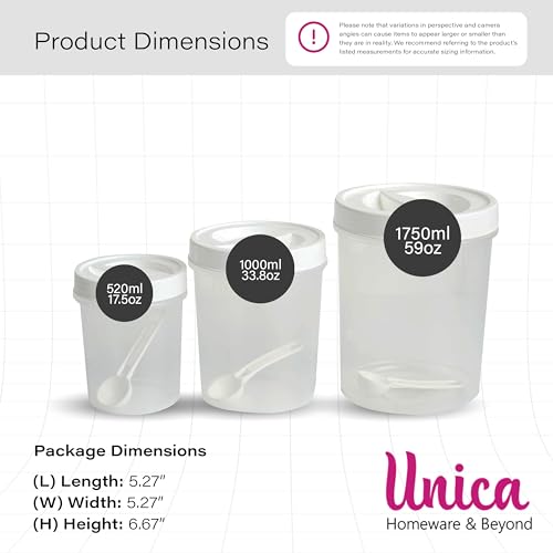 Unica Canister, Airtight Storage Containers with Lids, Round Containers for Flour, Spices, Rice, Stackable Canister Set, Dishwasher-safe, Set of 3, 59 oz, 5.27x5.27x6.67 in