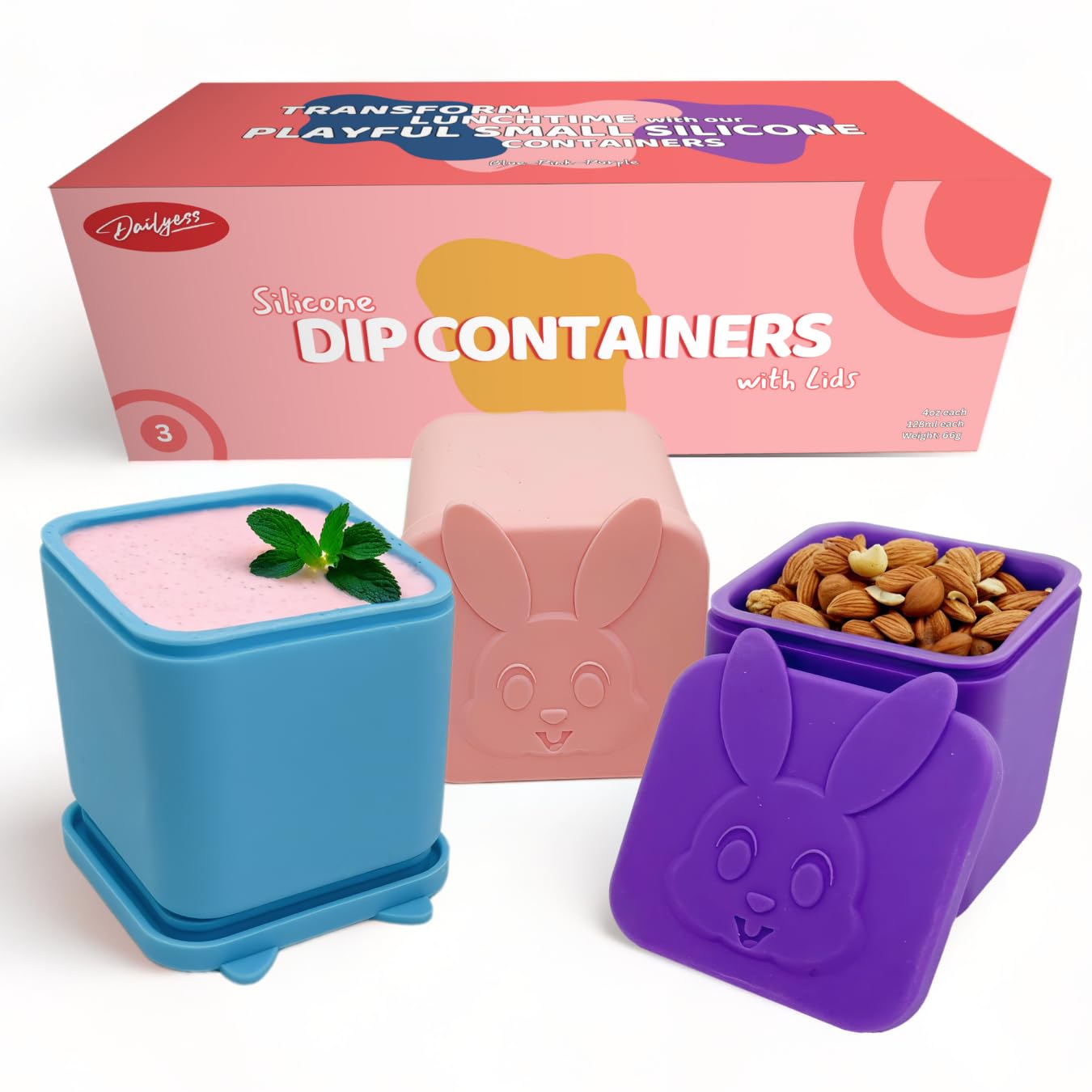 Dailyess 3 Pack Reusable Condiment Containers with Lids for Sauce Dressing (4oz), Small Condiment Cups for Snacks Salad Dressing Lunch Box, Dipping Sauce Cups, Mini Containers with Lids for Food