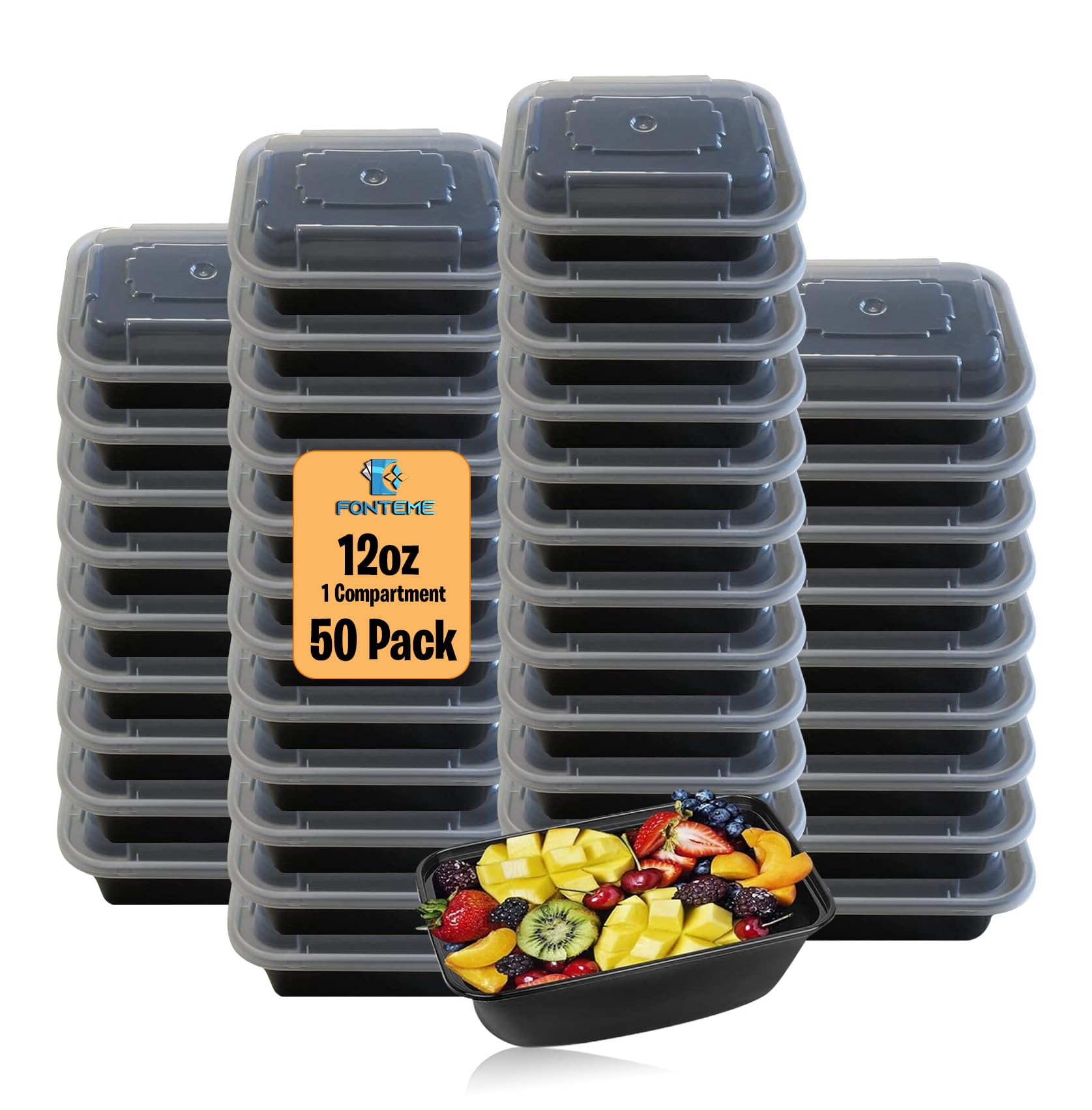 Fonteme Single Compartment Meal Prep 50 Pack - 12oz Container with Airtight Lid β Freezer, Microwave & Dishwasher Safe β Stackable β BPA Free β Meal Prep Storage Container (Black)