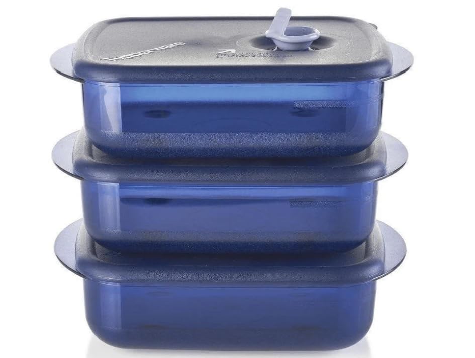 Tupperware Vent N Serve Container Set of 3 Medium Shallow in Indigo Blue