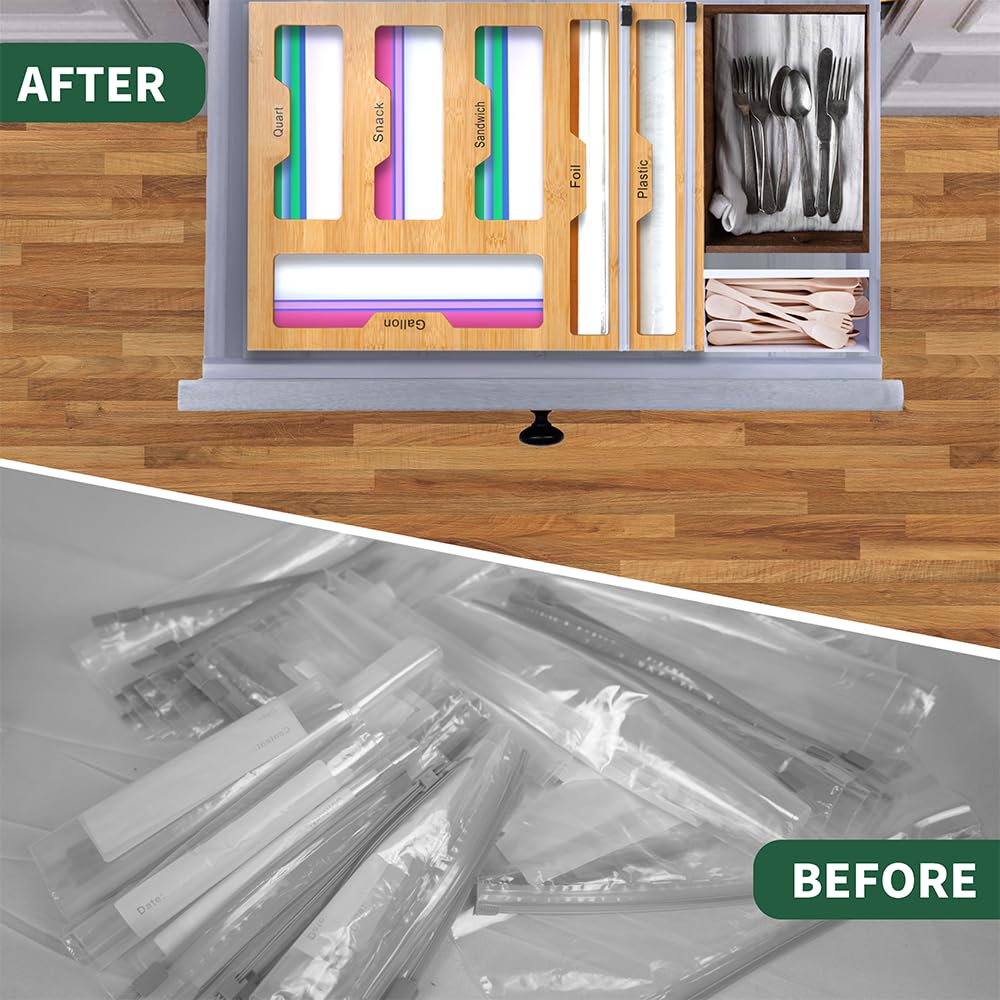 UMERUCCI Storage Bag Organizer Kitchen Drawer with Cutter for Foil and Plastic Wrap, Compatible with Gallon, Quart, Sandwich, Snack Bags, and 12" Aluminum Foil & Wax Paper