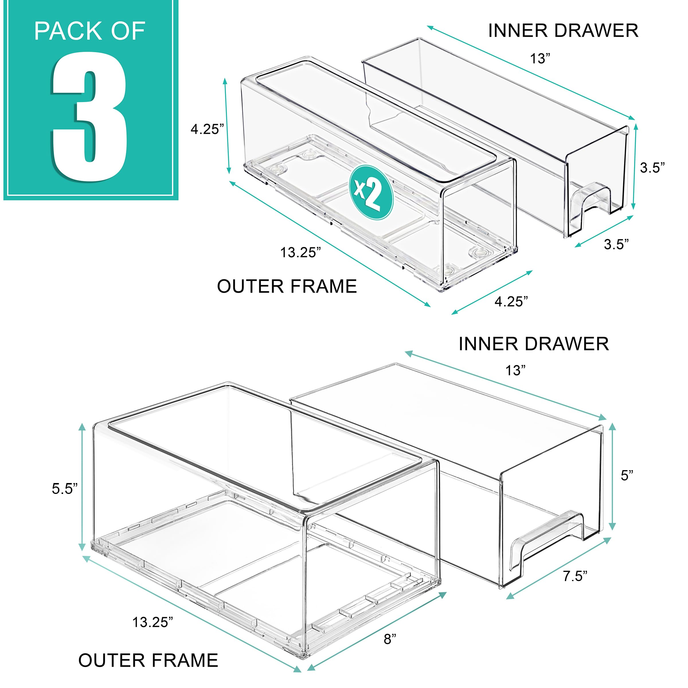 Sorbus Fridge Drawers - Clear Stackable Pull Out Refrigerator Organizer Bins - Food Storage Containers for Kitchen, Freezer, Vanity & Fridge (3 Pack | 1 Large, 2 Small Stackable Drawer Bins)