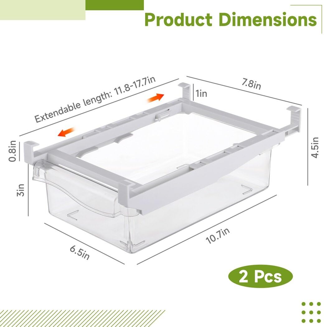 2 Pack Fridge Drawer Organizers - Adjustable Refrigerator Drawers for Fruit, Vegetable, Seafood, Transparent Pull-Out Shelf Holders, Fridge Storage Containers Fit Fridge Shelves Under 0.6''