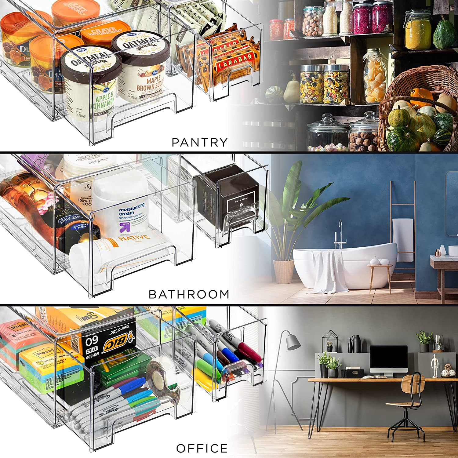 Sorbus Fridge Drawers - Clear Stackable Pull Out Refrigerator Organizer Bins - Food Storage Containers for Kitchen, Freezer, Vanity & Fridge (3 Pack | 1 Large, 2 Small Stackable Drawer Bins)