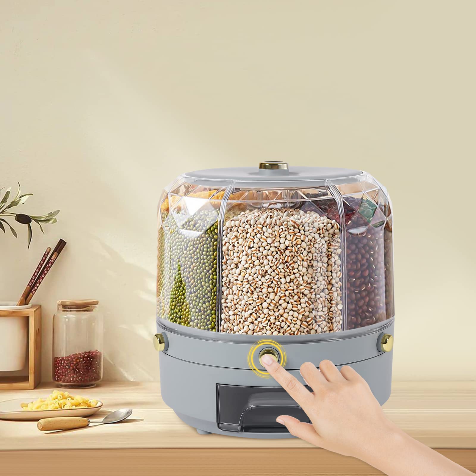 LUGBING One-Click Rice Output Food Containers, 360° Rotatable Grain Separate Storage Box 6 Grid Household Kitchen Storage Container for Rice, Beans, Grains Rotating Rice Dispenser