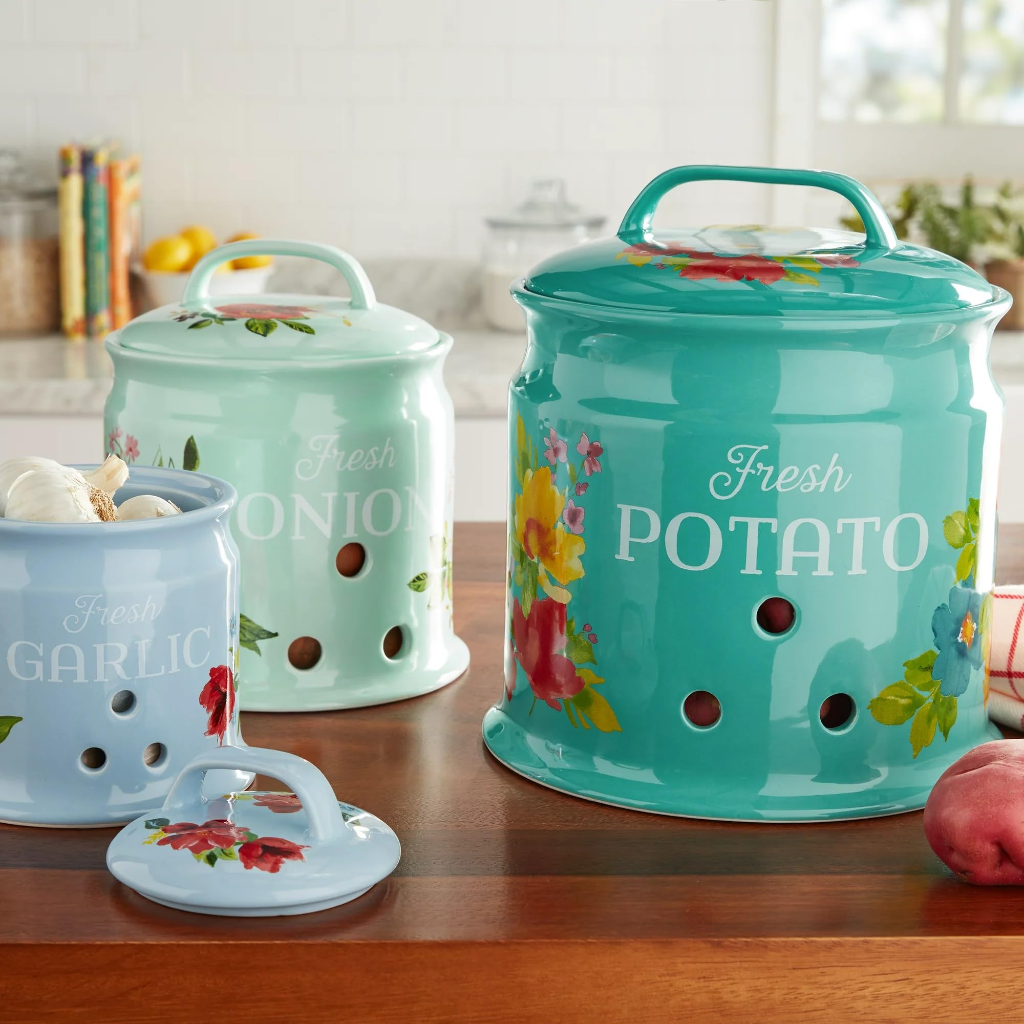 9.5 inch Potato Storage For Pantry, Garlic Keeper For Kitchen Counter, Onion Keeper, Potato Bin, Potatoes Storage, Stoneware Food Storage Canisters with Holes and Lid