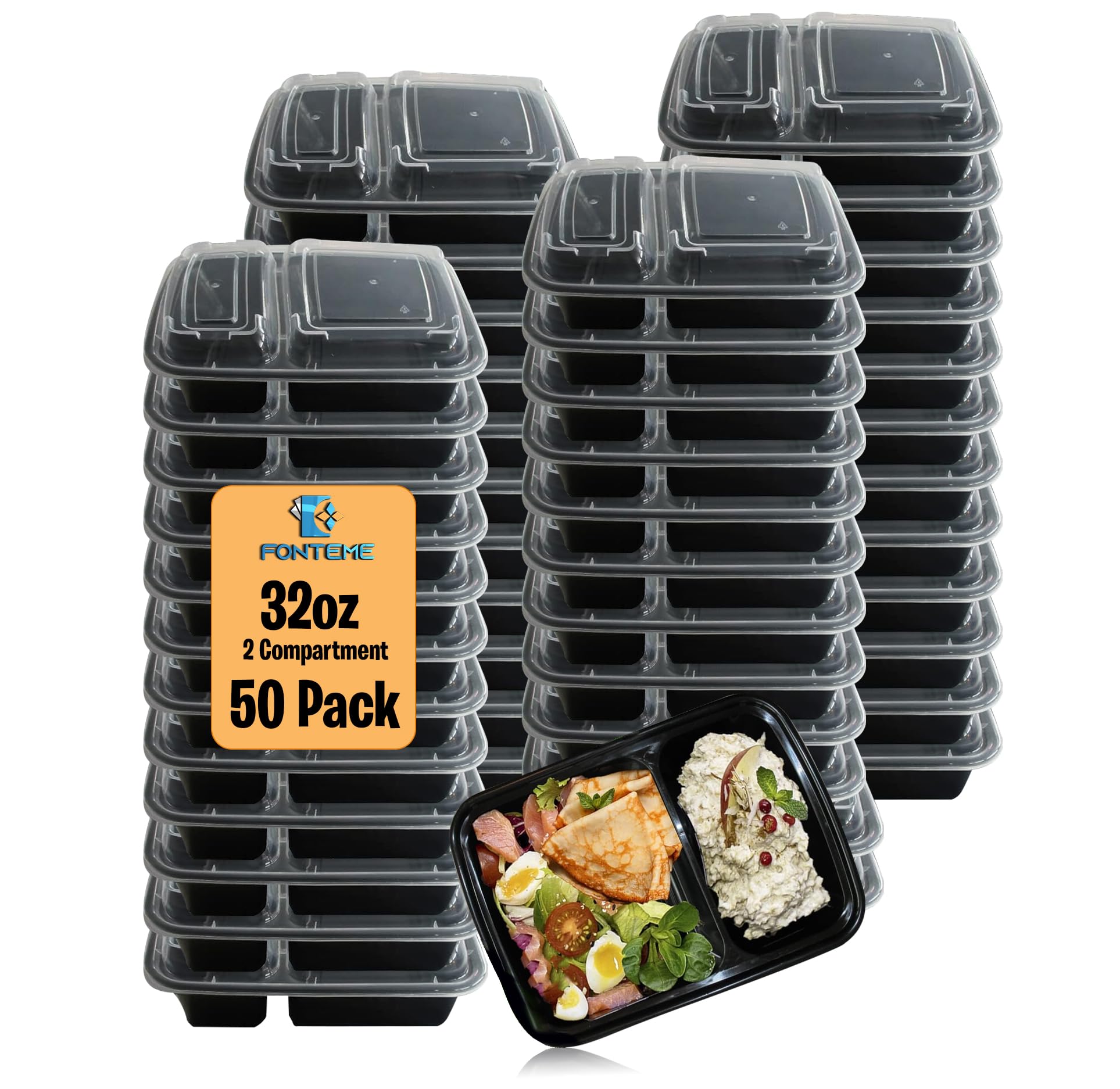Fonteme 2 Compartment Meal Prep (50 Pack) Food Container with Airtight Lids | Easy Portion Control | Freezer & Microwave Safe Stackable BPA Free Plastic Rectangular Disposable Storage Container