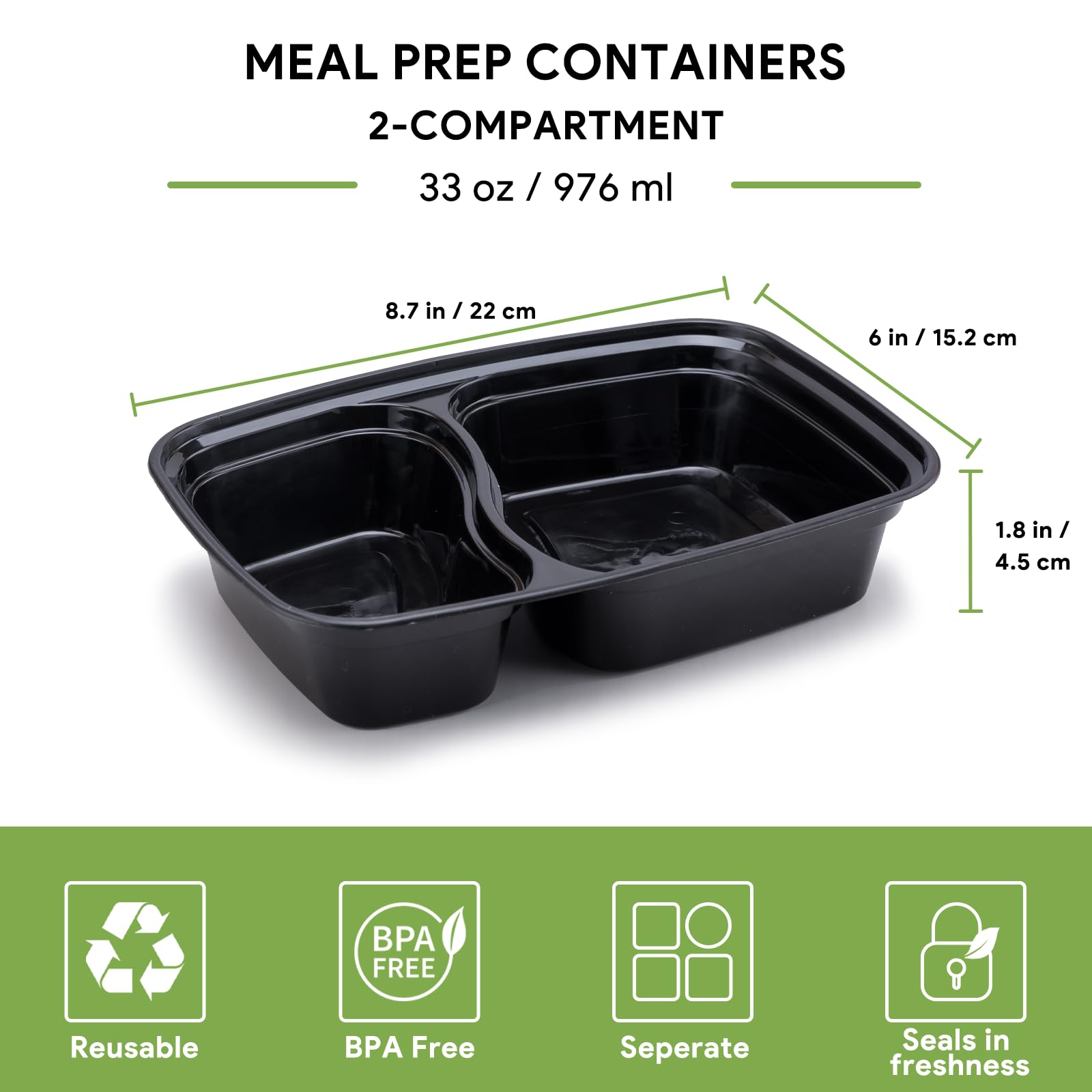 Meal Prep Containers Reusable [20 pack] 33oz 2 compartment Food Storage Containers with Lids Bento Box BPA-free Plastic Lunch Container, Microwave, Freezer, Dishwasher Safe Disposable Take Out Boxes