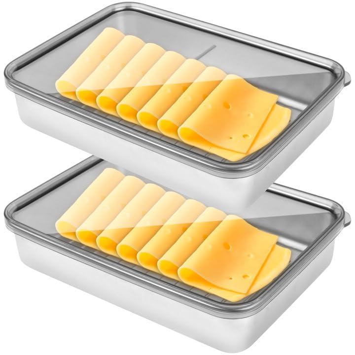craftshou 2 Pcs Stainless Steel Bacon Container for Refrigerator 1L Deli Meat Saver Keeper Container with Airtight Lids Cold Cuts Food Storage Container for Fridge Kitchen Freezer,Cookie Holder