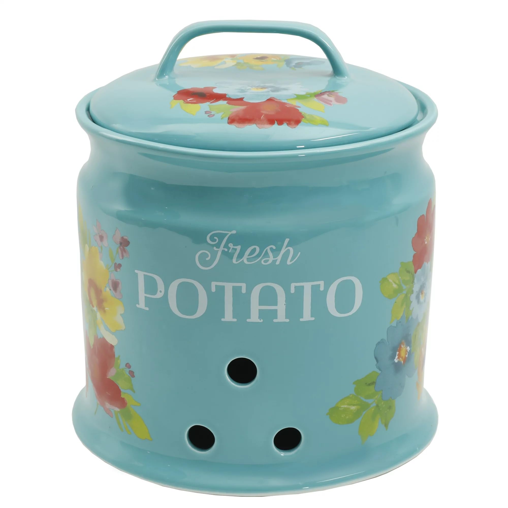 9.5 inch Potato Storage For Pantry, Garlic Keeper For Kitchen Counter, Onion Keeper, Potato Bin, Potatoes Storage, Stoneware Food Storage Canisters with Holes and Lid
