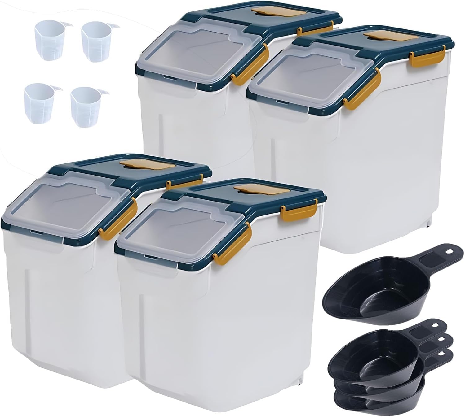 AnRui Large Flour Storage Containers 25Lbs Airtight Rice Storage Container BPA Free Kitchen Pantry Food Storage Bin Sugar Snack Cereal Grain Organizer Box with Wheel, Scoop, 4Pack, Blue