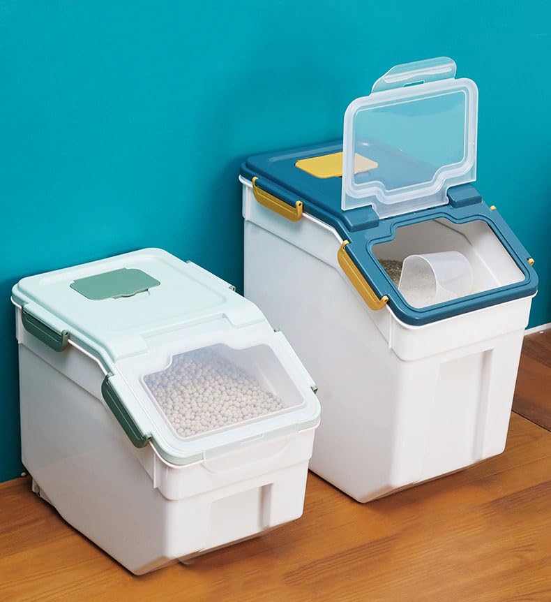 AnRui Large Flour Storage Containers 25Lbs Airtight Rice Storage Container BPA Free Kitchen Pantry Food Storage Bin Sugar Snack Cereal Grain Organizer Box with Wheel, Measuring Cup, 4Pack Green