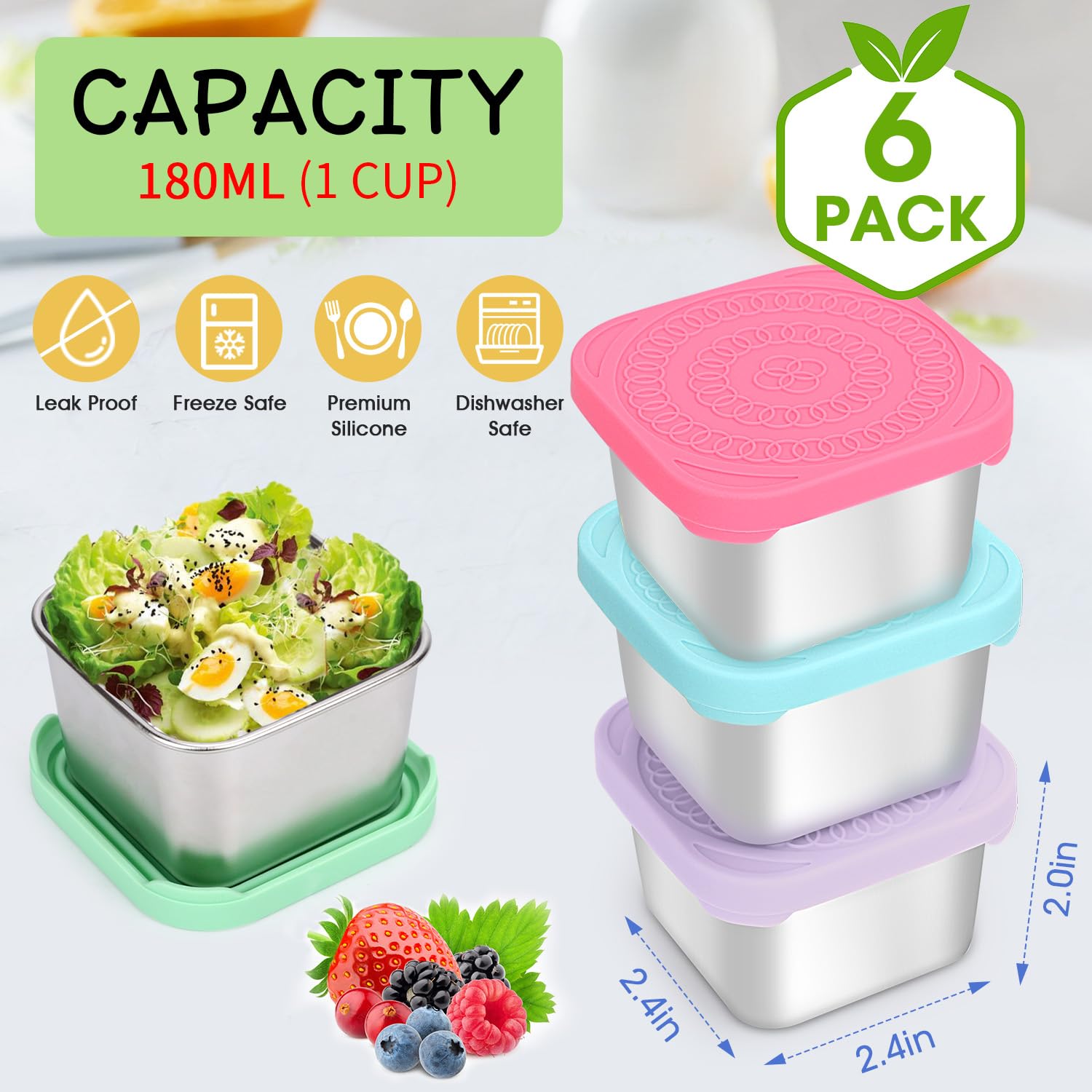 6PACK 6OZ Stainless Steel Snack Containers, Leak Proof 304 Stainless Steel Sauce Food Lunch Box Storage Containers with Silicone Lids Stackable Reusable Small Metal Lunch Bento Boxes Set, Easy Open