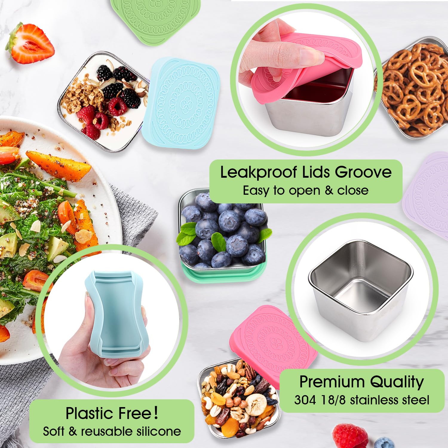 6PACK 6OZ Stainless Steel Snack Containers, Leak Proof 304 Stainless Steel Sauce Food Lunch Box Storage Containers with Silicone Lids Stackable Reusable Small Metal Lunch Bento Boxes Set, Easy Open