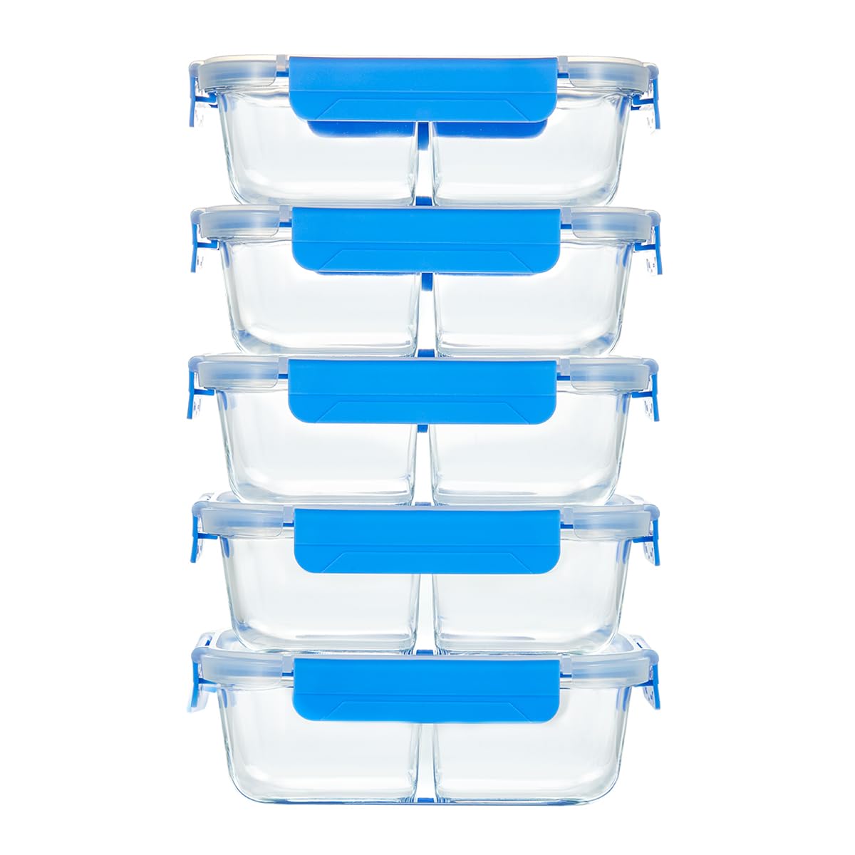 DASAAN 10 Piece Glass Food Storage Containers with 2 compartment and Airtight Lid, Glass Meal Prep Containers, Easy Stack Containers, Freezer to Oven, Microwave and Dishwasher safe