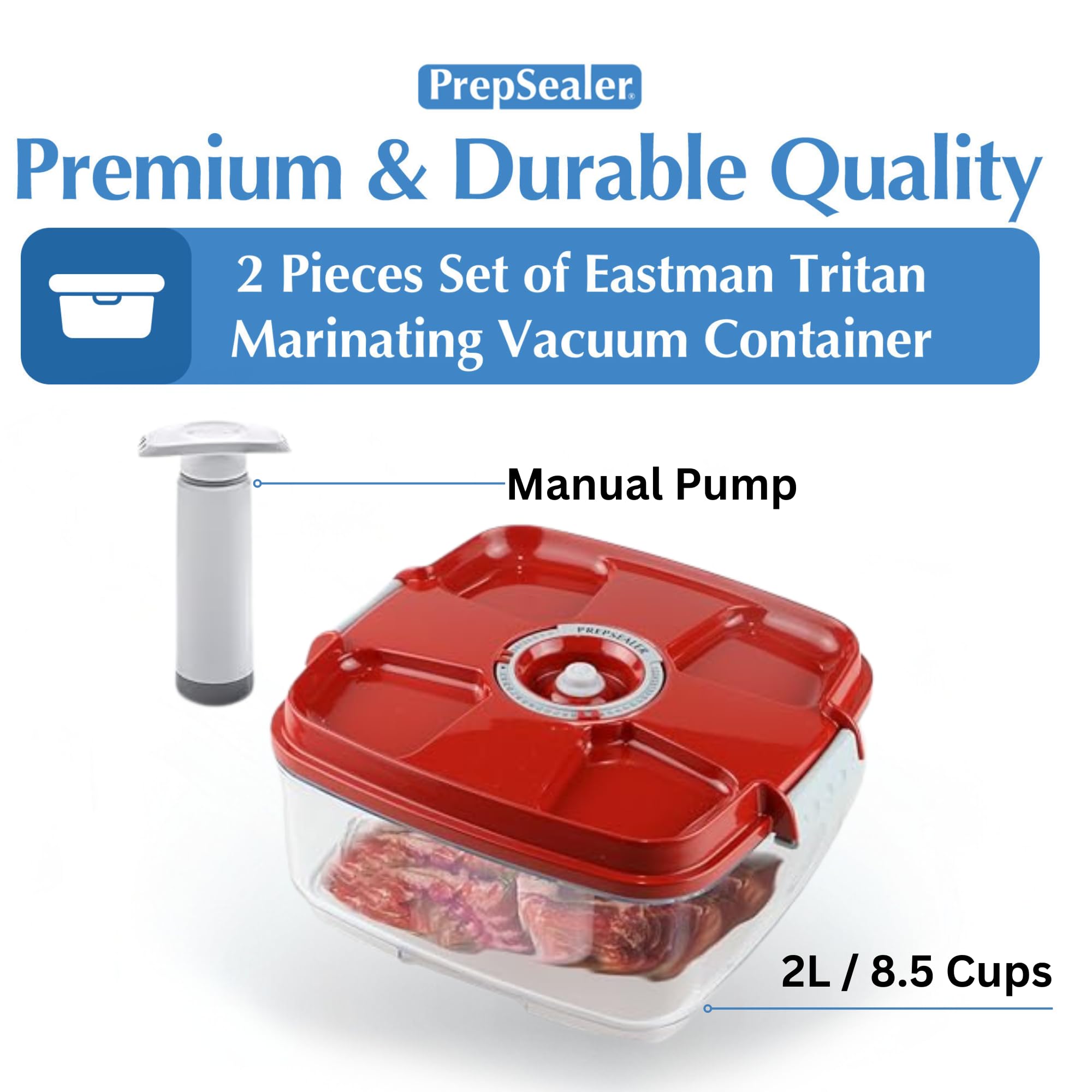 PrepSealer Marinating Vacuum System Container-Makes Food Tastier, Juicier, Healthier and More Tender (2 Liter, Square Shape, Tritan Material, Red Color, Manual Hand Pump Included)