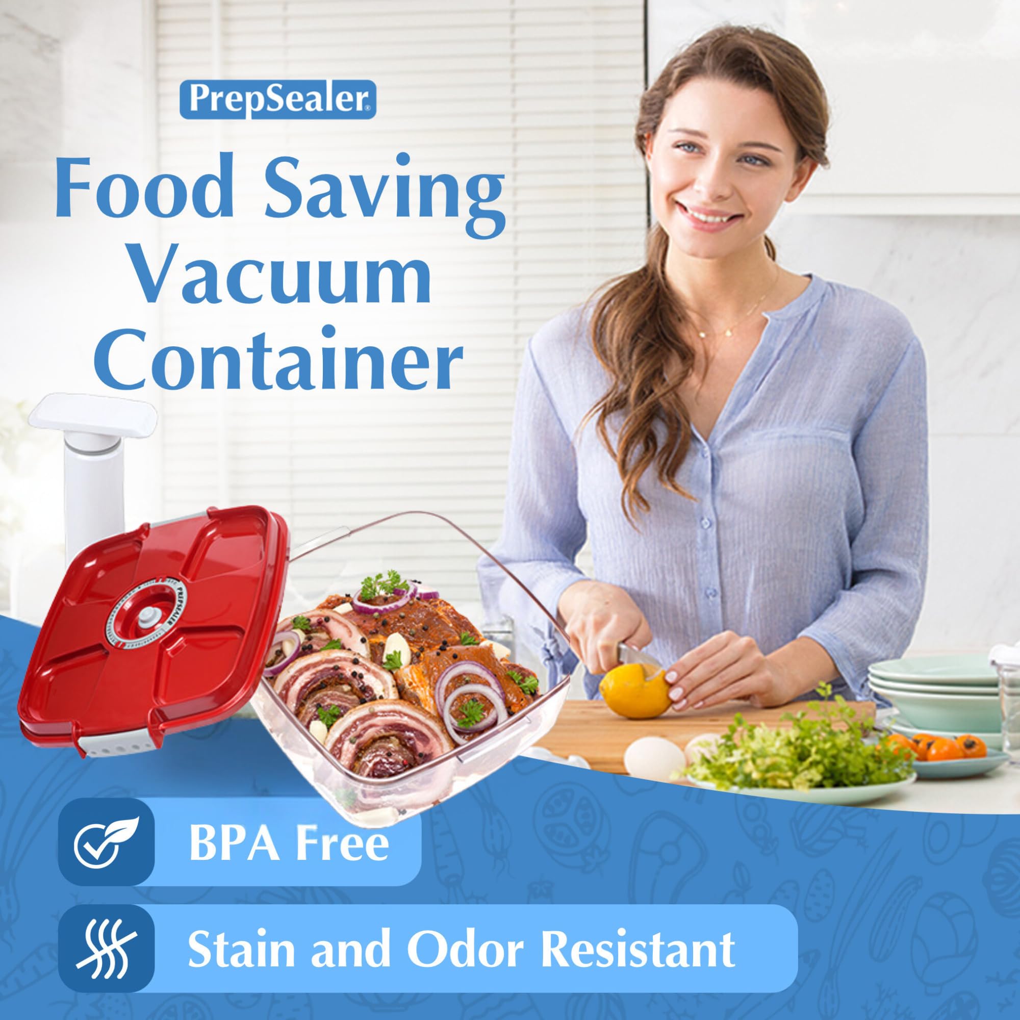 PrepSealer Marinating Vacuum System Container-Makes Food Tastier, Juicier, Healthier and More Tender (2 Liter, Square Shape, Tritan Material, Red Color, Manual Hand Pump Included)