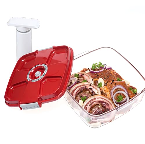 PrepSealer Marinating Vacuum System Container-Makes Food Tastier, Juicier, Healthier and More Tender (2 Liter, Square Shape, Tritan Material, Red Color, Manual Hand Pump Included)