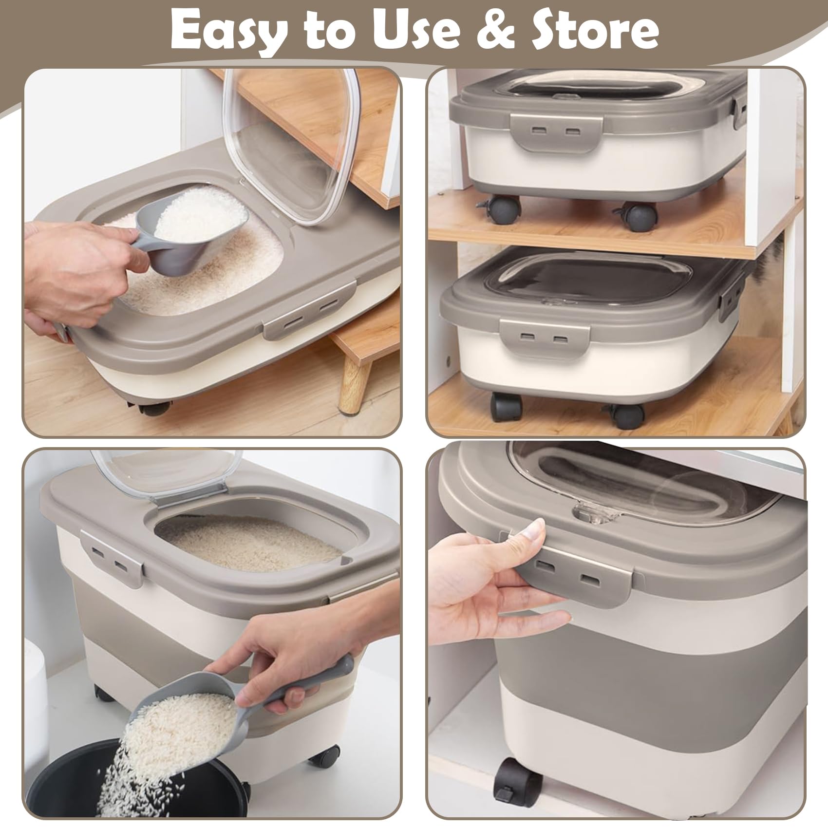 SSAWcasa Rice Storage Container, 20-30Lbs Airtight Large Food Storage Containers with Wheels, Scoop & Measuring Cup, Collapsible Kitchen Flour Bin, Dry Food Storage Holder for Rice Pet Food