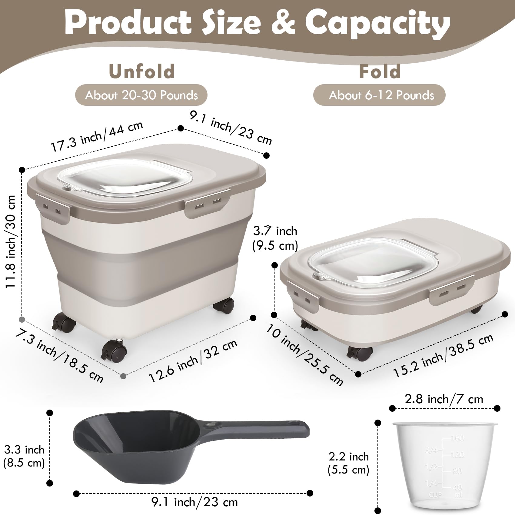 SSAWcasa Rice Storage Container, 20-30Lbs Airtight Large Food Storage Containers with Wheels, Scoop & Measuring Cup, Collapsible Kitchen Flour Bin, Dry Food Storage Holder for Rice Pet Food