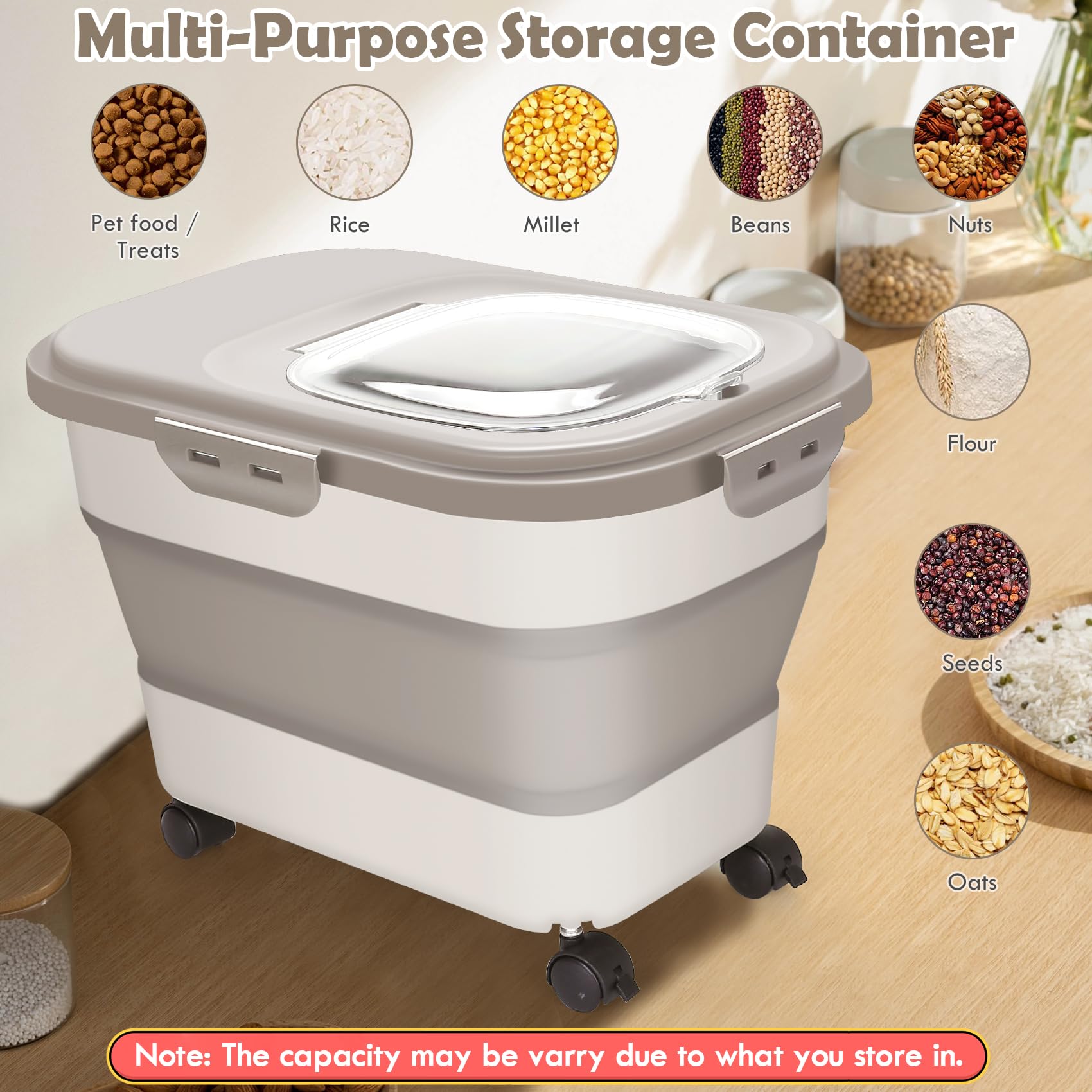 SSAWcasa Rice Storage Container, 20-30Lbs Airtight Large Food Storage Containers with Wheels, Scoop & Measuring Cup, Collapsible Kitchen Flour Bin, Dry Food Storage Holder for Rice Pet Food