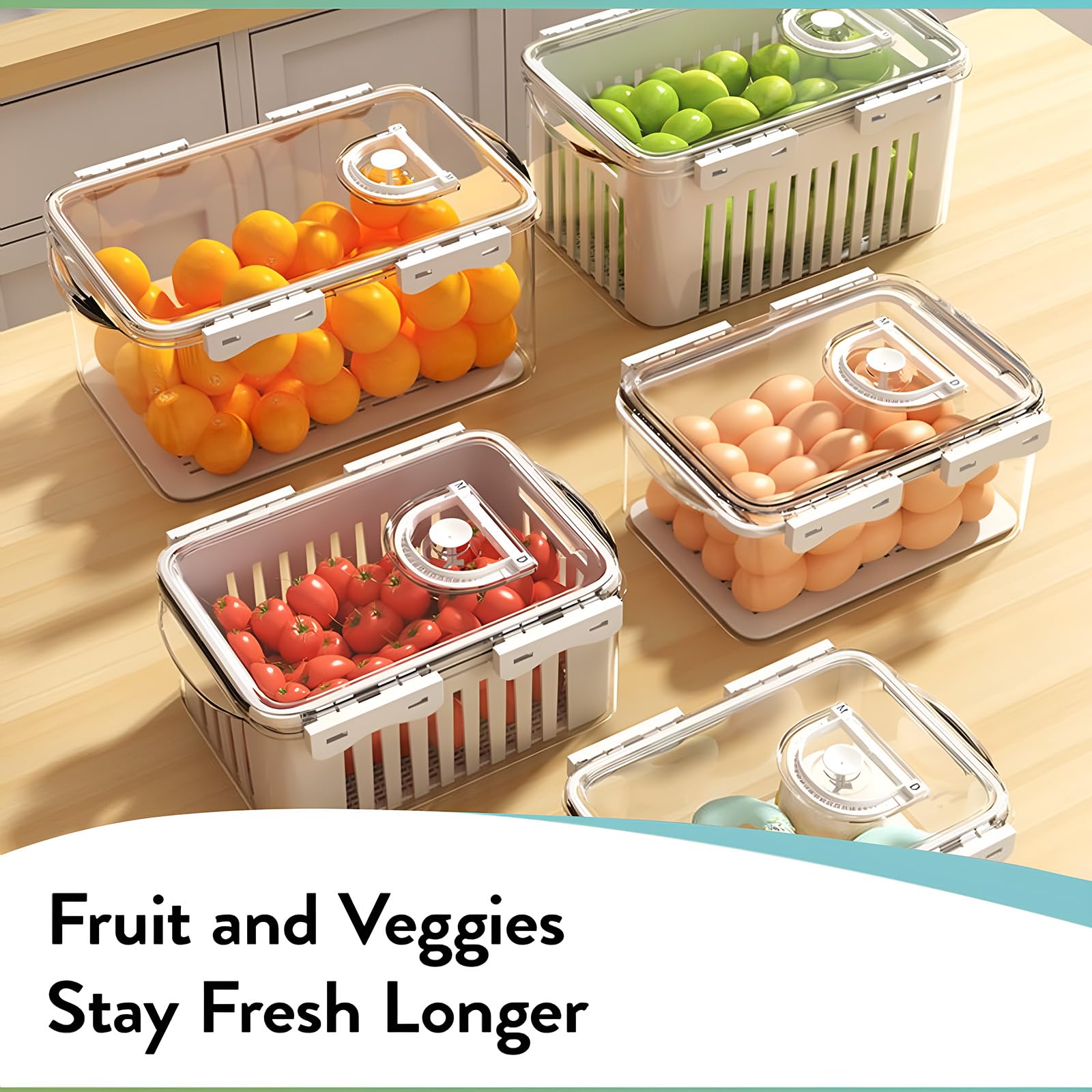 Oiperiey 3-Pack Fridge Vegetable and Fruit Storage Containers, Creative Timer Refrigerator Drain Storage Box, BPA-Free Kitchen Storage Box with Ventilation Holes to Keep Food Fresh
