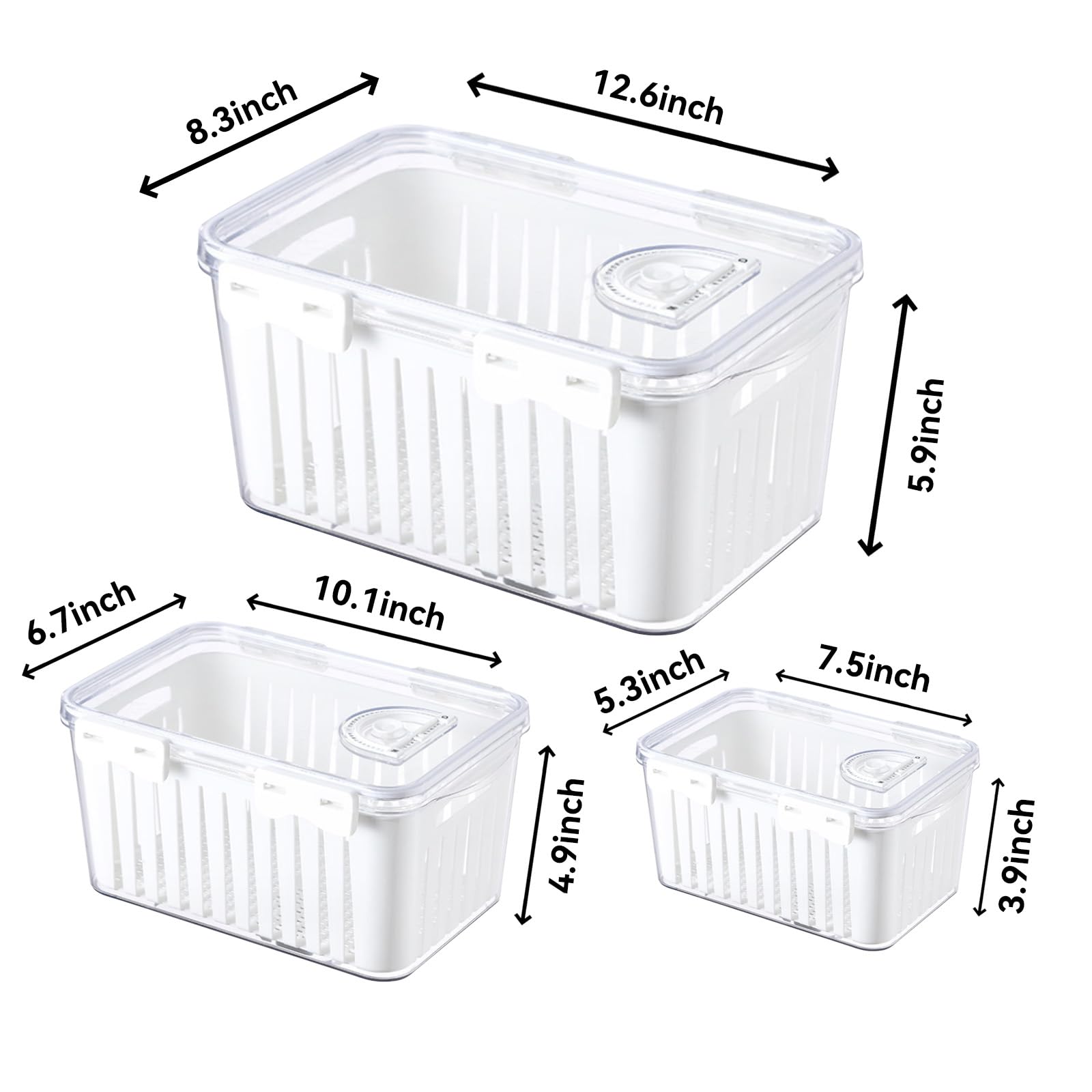 Oiperiey 3-Pack Fridge Vegetable and Fruit Storage Containers, Creative Timer Refrigerator Drain Storage Box, BPA-Free Kitchen Storage Box with Ventilation Holes to Keep Food Fresh