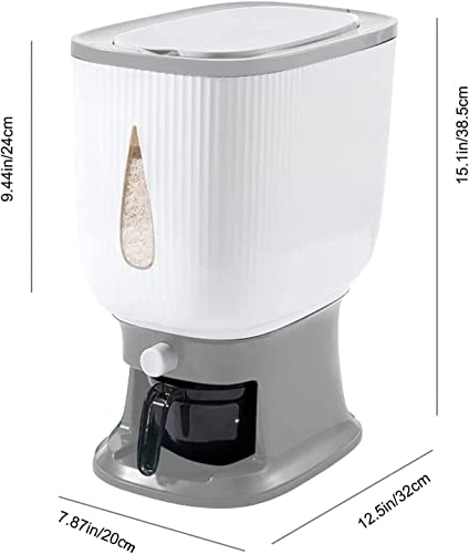 YXQ Rice Dispenser 10kg, Rice Storage Container Large Sealed Grain Container with Lid Measuring Cylinde Moisture Proof Cereal Dispenser for Kitchen Organization (Grey)