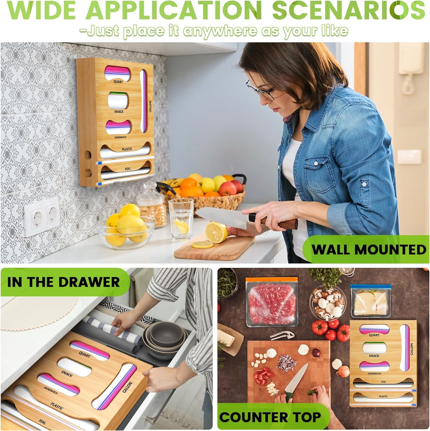 YITOBA Thicker Bag Storage Organizer, Bamboo Baggie Organizer with Aluminum Foil Dispenser, Foil and Plastic Wrap Organizer with Cutter, 6 in 1 Sandwich Bag Organizer for Drawer Kitchen