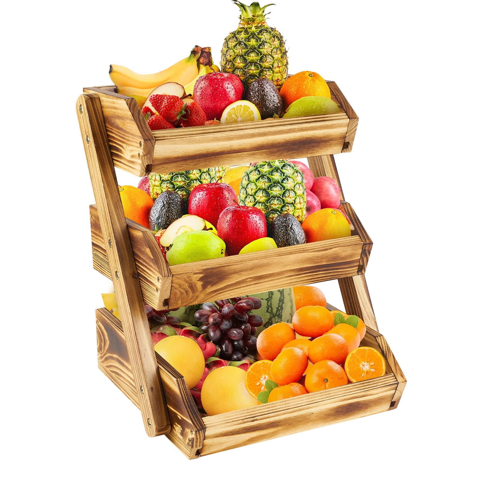 Wooden 3 Tier Fruit Basket for Kitchen, Fruit Stand for Kitchen Countertop, Vegetable Produce Bread Storage Holder, Kitchen Organization Perfect for Produce, Home Storage, and Display(Self-assembly)