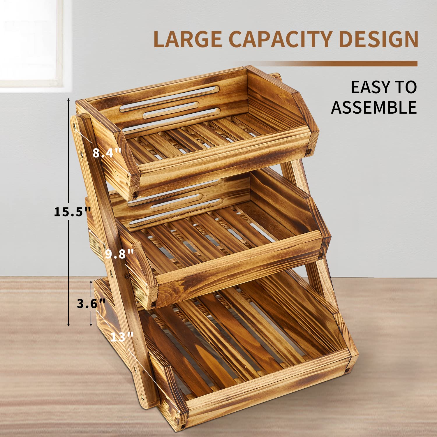 Wooden 3 Tier Fruit Basket for Kitchen, Fruit Stand for Kitchen Countertop, Vegetable Produce Bread Storage Holder, Kitchen Organization Perfect for Produce, Home Storage, and Display(Self-assembly)