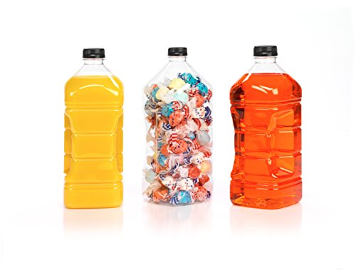 (4) 64 oz. Clear Food Grade Plastic Juice Bottles with Tamper Evident Caps 4/pack (Black Lids)