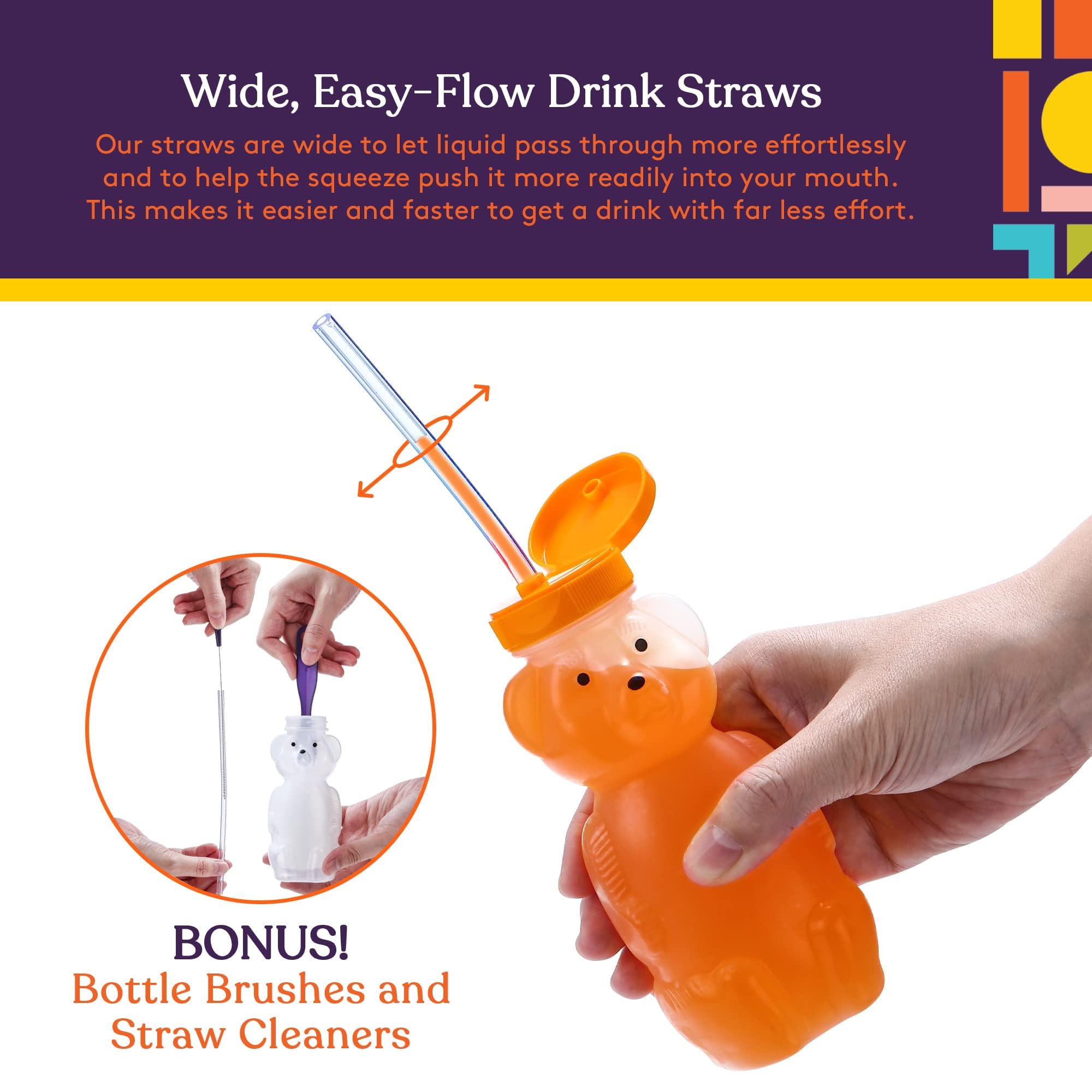 Special Supplies Honey Bear Straw Cup For Baby, 3 Straws, Squeezable Therapy and Special Needs Assistive Drink Container, Spill Proof and Leak Resistant Lid