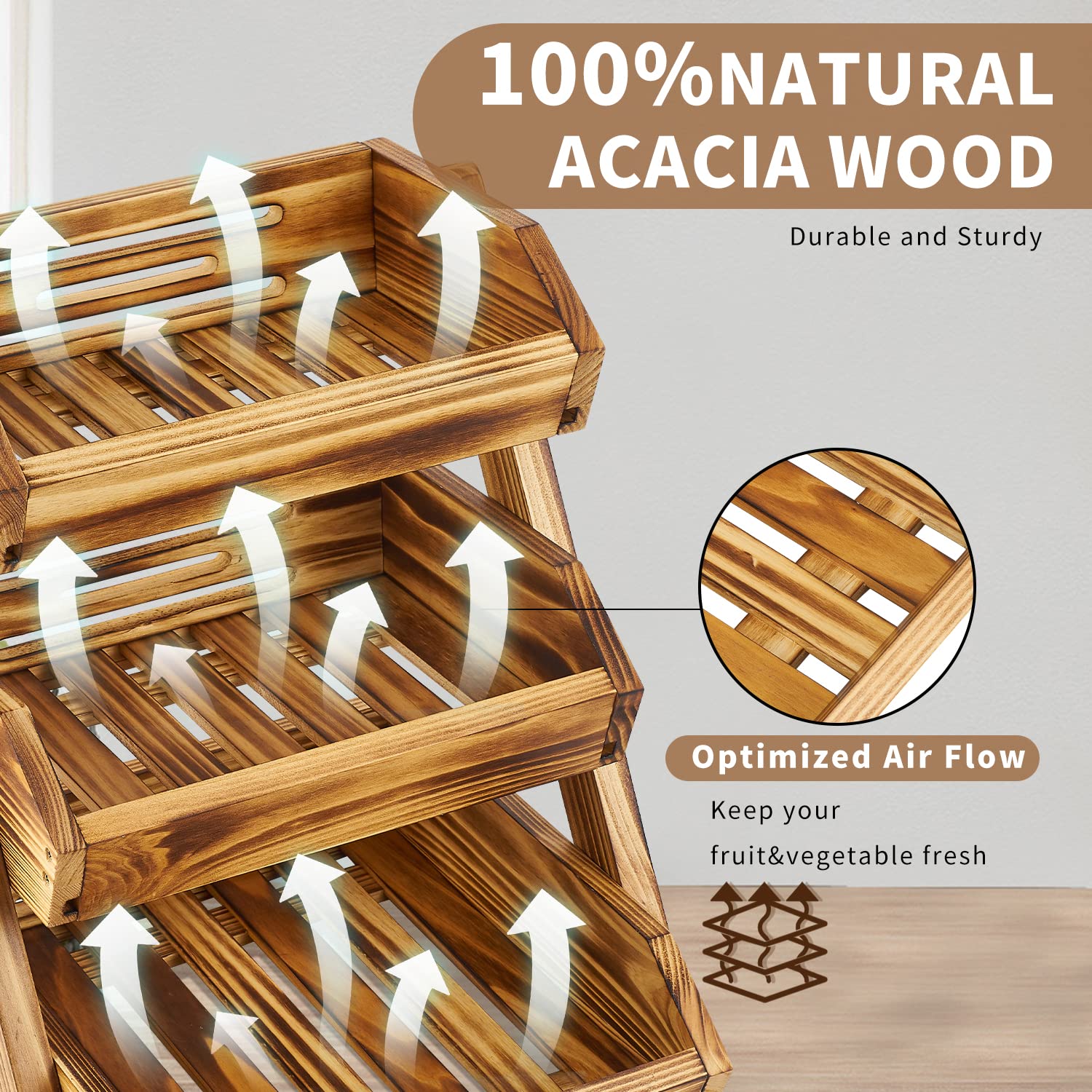 Wooden 3 Tier Fruit Basket for Kitchen, Fruit Stand for Kitchen Countertop, Vegetable Produce Bread Storage Holder, Kitchen Organization Perfect for Produce, Home Storage, and Display(Self-assembly)