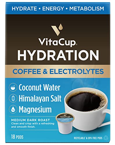 VitaCup Hydration Coffee Pods, The First Coffee That Hydrates You w/ Electrolytes, Coconut Water, Pink Himalayan Salt, Magnesium, Medium Roast, Recyclable Single Serve Pod compatible w/ Keurig K-Cup Brewers, 18 Ct