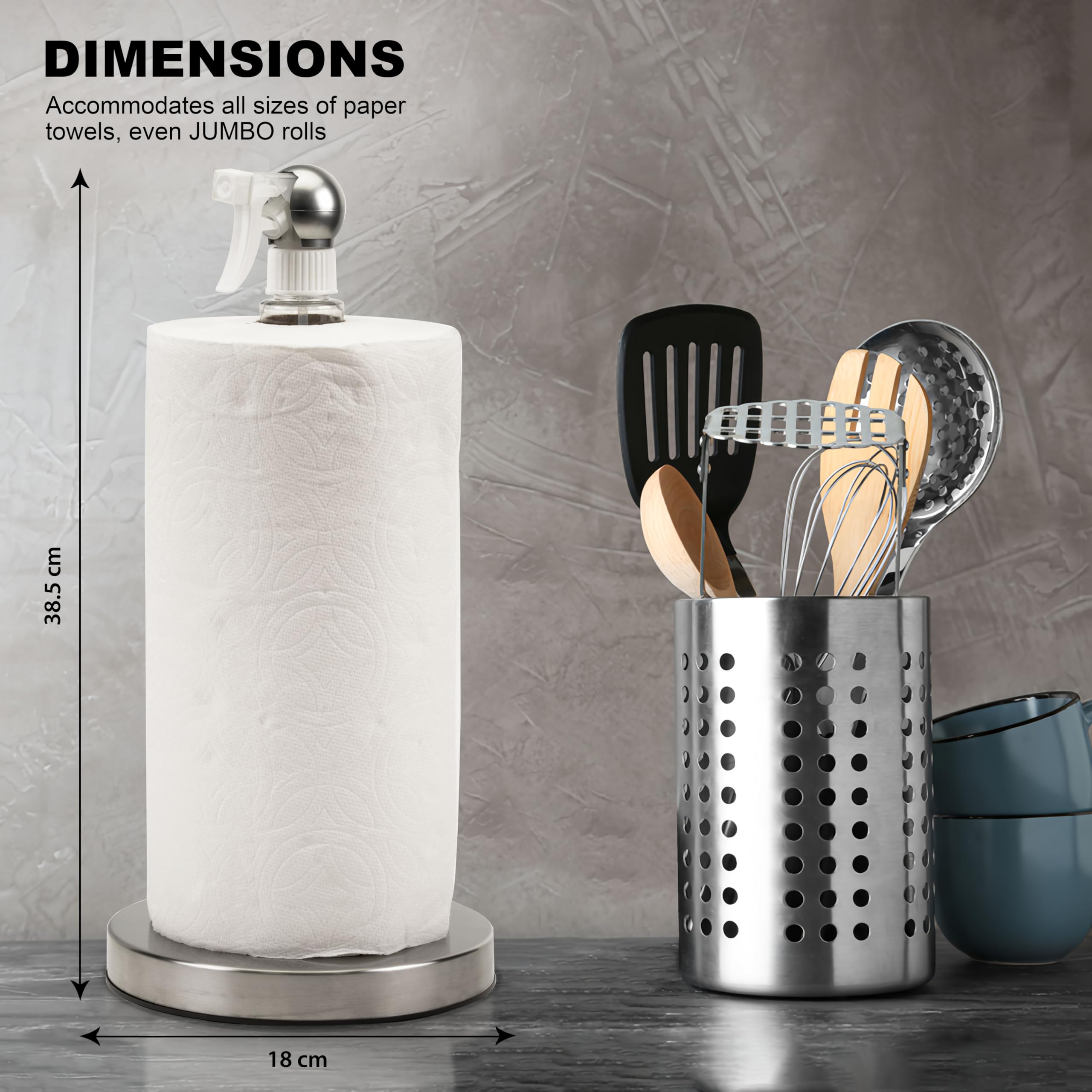 Everyday Solutions Spray Bottle Paper Towel Holder - Space Saving Countertop Paper Towel Roll Holder w/ Hidden Removable 7oz Spray Bottle - Rust-Resistant Stainless Steel & Reusable Heavy Duty Plastic