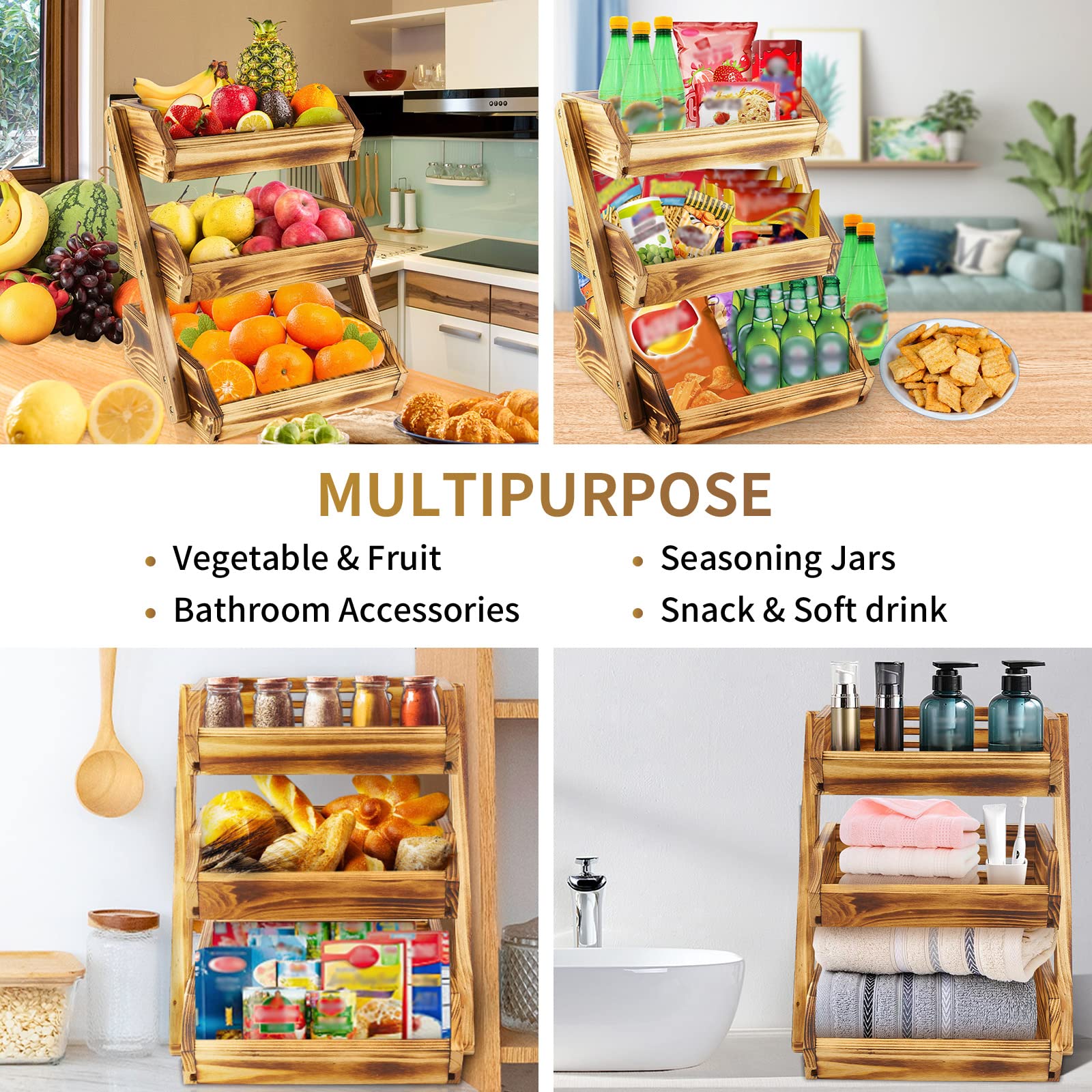 Wooden 3 Tier Fruit Basket for Kitchen, Fruit Stand for Kitchen Countertop, Vegetable Produce Bread Storage Holder, Kitchen Organization Perfect for Produce, Home Storage, and Display(Self-assembly)