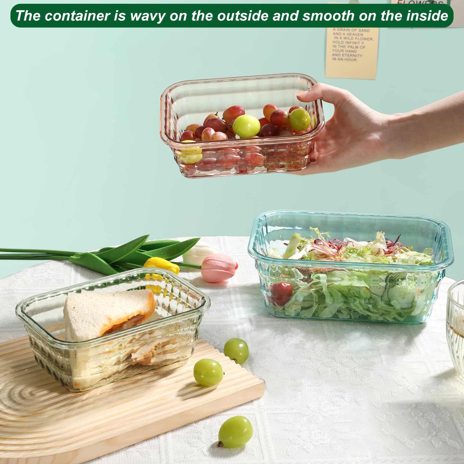 Taiuloo Set of 3 Food Storage Container, BPA Free Salad Bowls with Lids, Salad Lunch Container To Go with Handle, Plastic Meal Prep Storage Containers for Snacks, Fruits, Pink