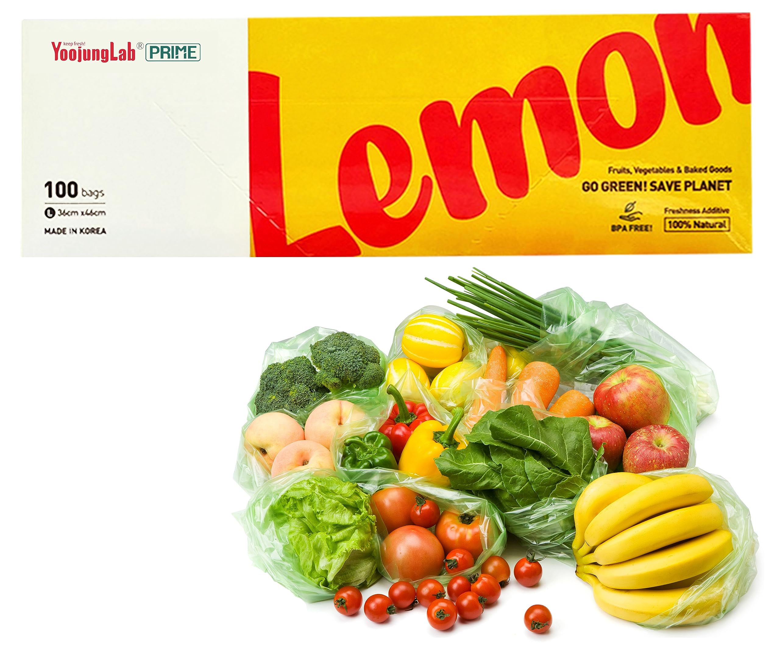 YoojungLab Prime, Food Storage Bags, 14.17" 18.11" 100bags, Keep Fresh Produce Bags, Food Saver Storage for Fruits, Vegetables, Flowers, BPA FREE, HDPE, Green Color, Plastic Bread Bags, Eco-Friendly