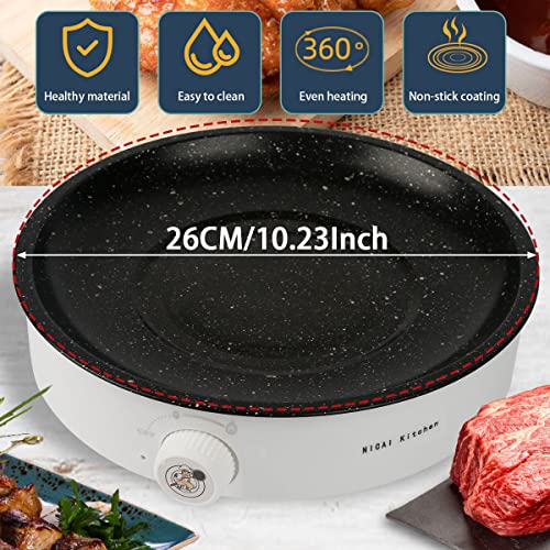 Electric BBQ Grill,Smokeless Indoor Coated Griddle Pan,10 Inch Round Nonstick Plate Portable, Medical Stone Coating Easy Cleaning,Grilling Surface Perfect for Cooking BBQ and Party Barbecue