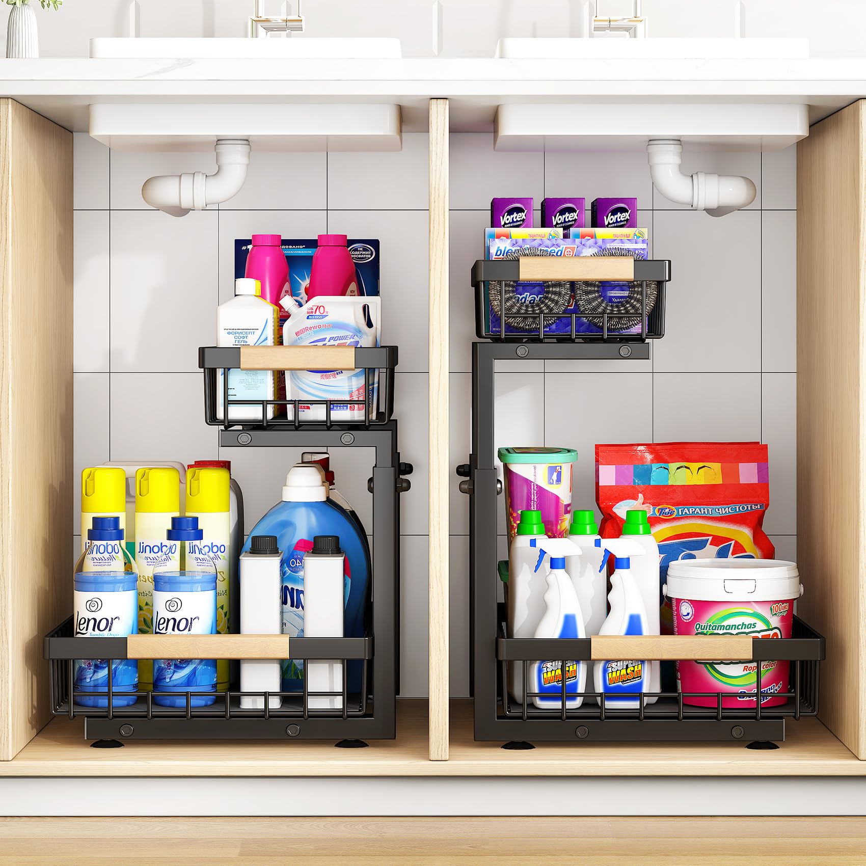 PXRACK 2 PACK Under Sink Organizer,Adjustable Height,2 Tier Pull Out Under Cabinet Organizer,Thickened Metal Shelf,Slide Out Under Sink Storage for Kitchen Bathroom Cabinet Laundry